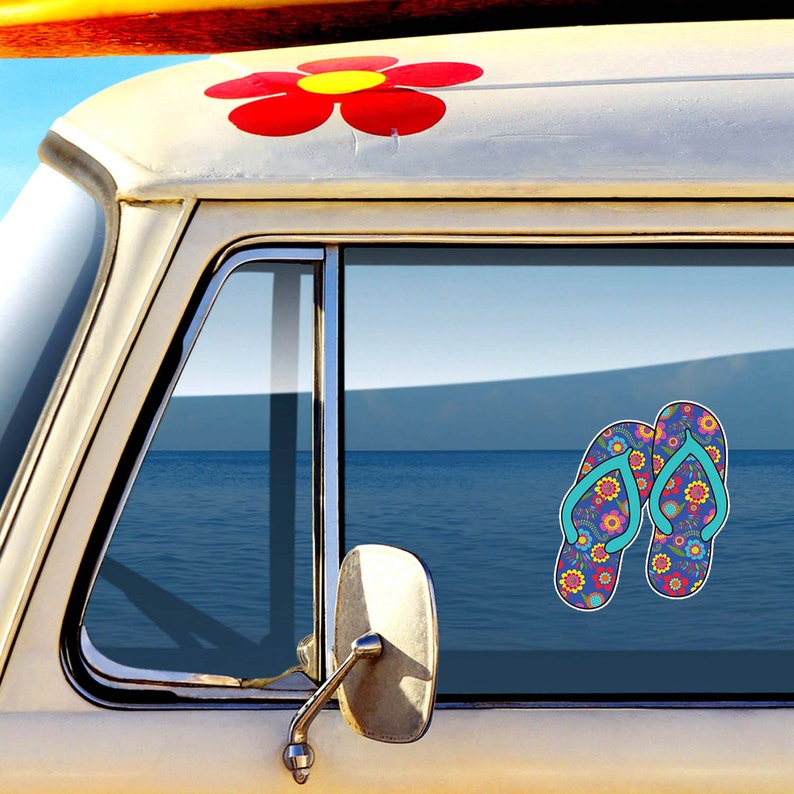 Blue Floral Flip Flops Car Decal - Colorful Flowers Flipflop Sandal ...