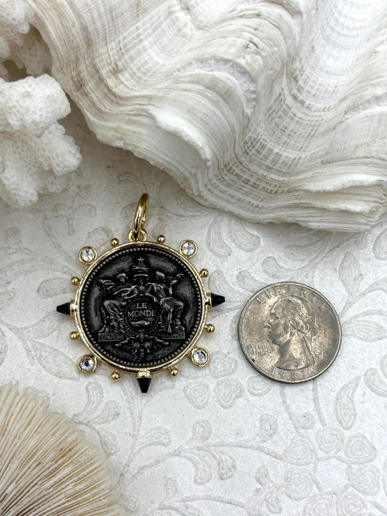 French Coin Pendant, Horse & Le Monde Styles, CZ Accents - Etsy