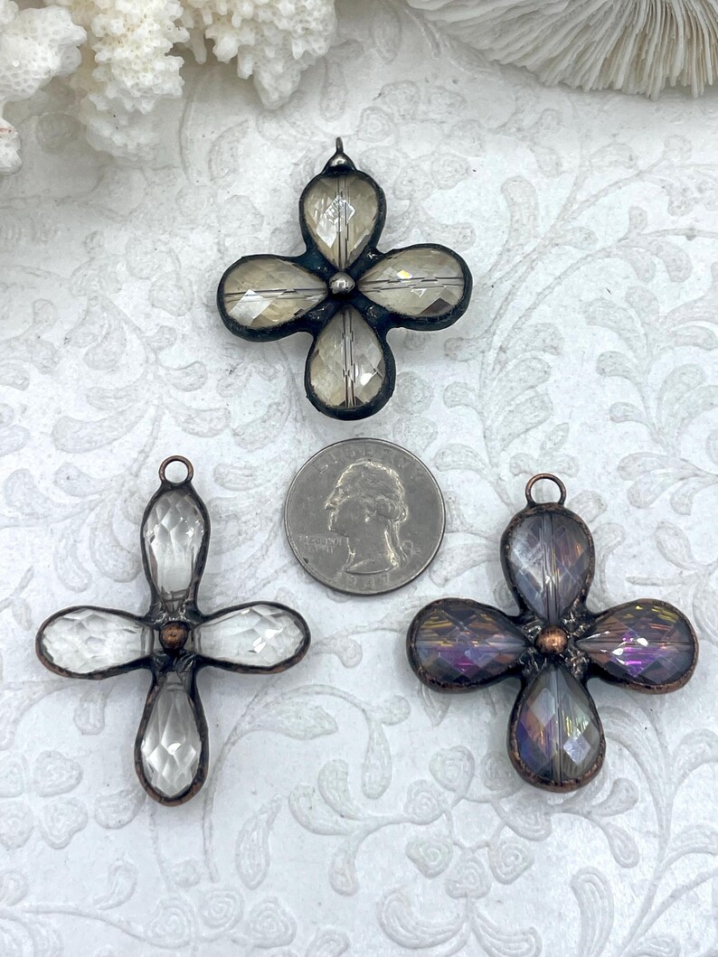 Faceted Crystal Flower Pendant, Soldered Brass, Iridescent or Clear ...