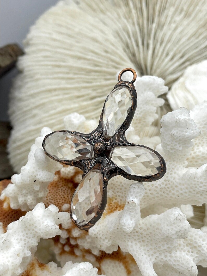 Faceted Crystal Flower Pendant, Soldered Brass, Iridescent or Clear ...