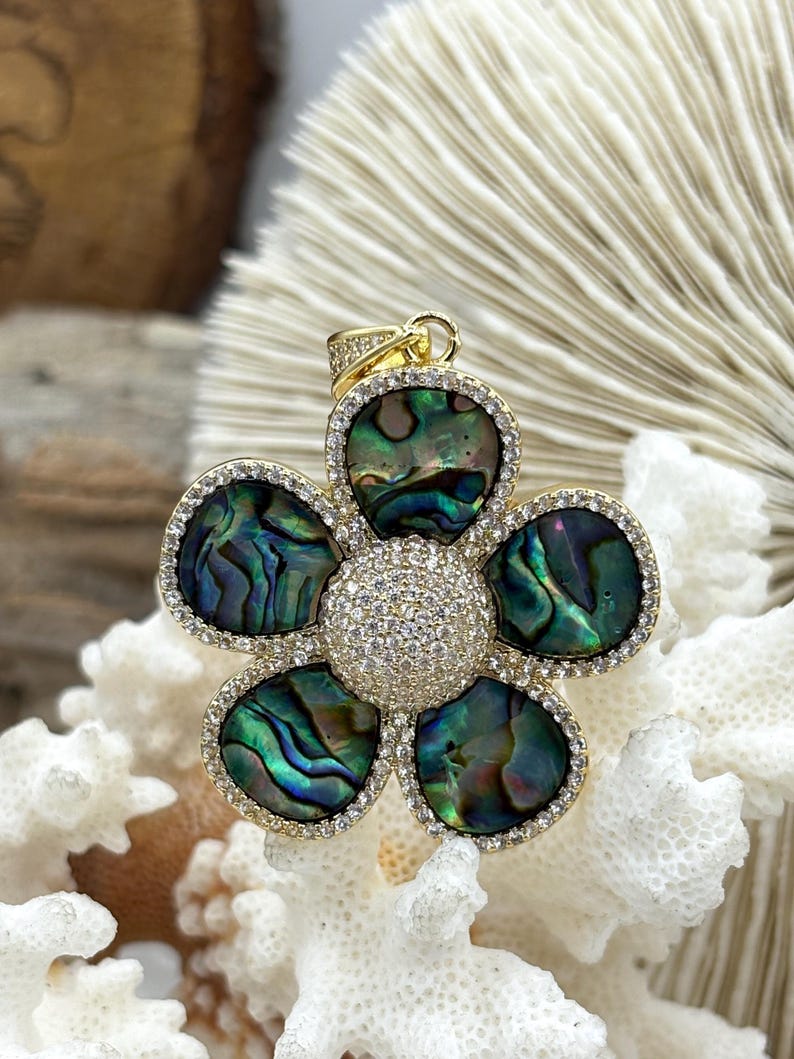 Flower Pendant, Cubic Zirconia, Turquoise Howlite, Mother of Pearl ...