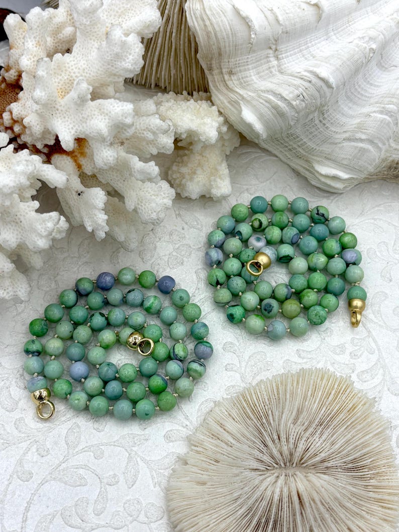 Hand Knotted Green Peruvian Opal Necklace, 8mm Round Stone, Gold Ends ...