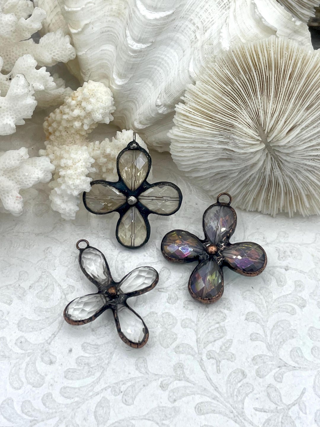 Faceted Crystal Flower Pendant, Soldered Brass, Iridescent or Clear ...