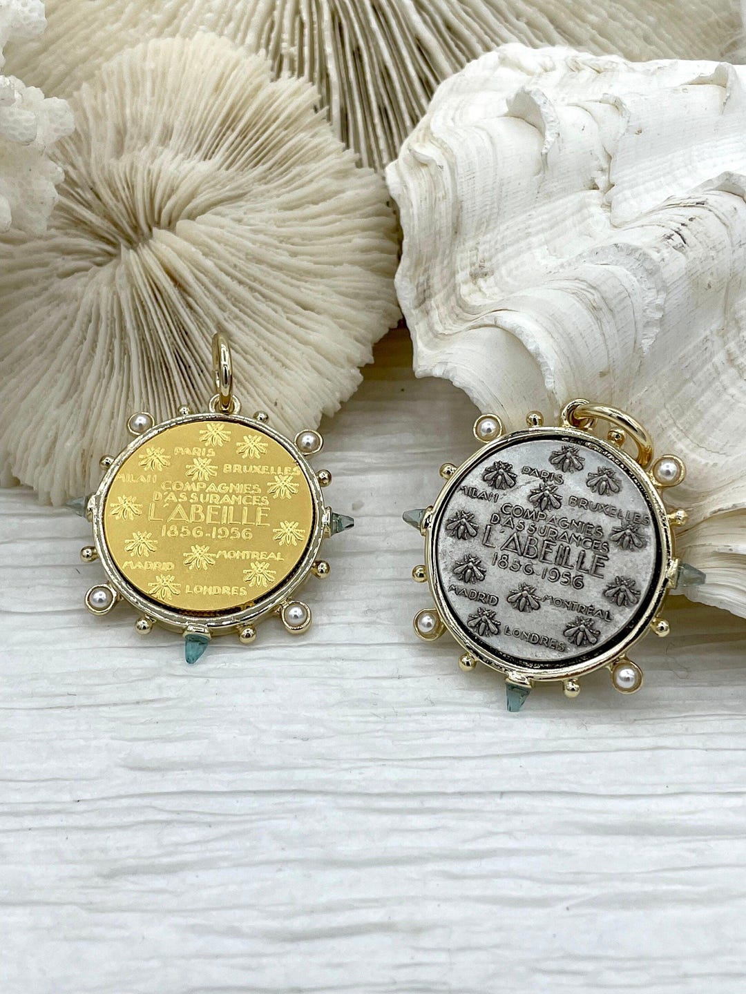 L'abielle Bee Coin Pendant,french Bee Coin With Bezel,bee Pendant, 2 ...