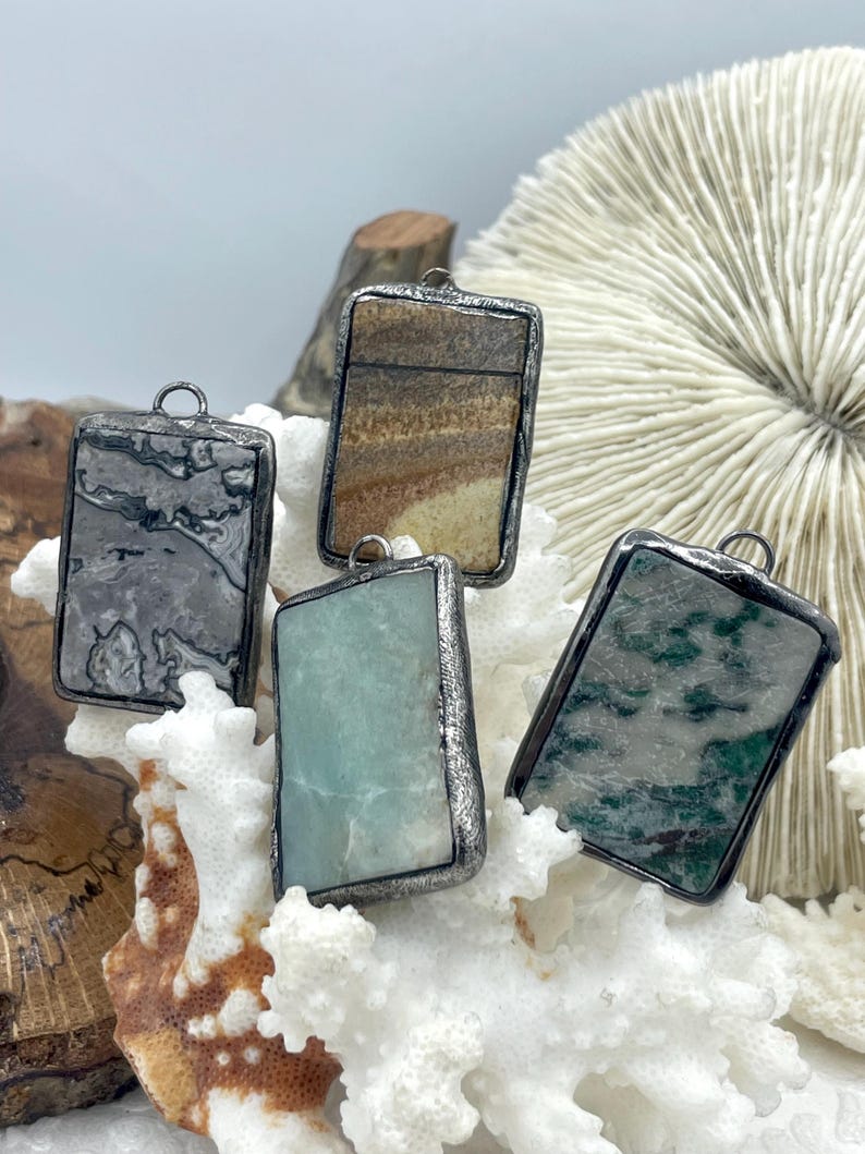 Gunmetal Soldered Rectangle Stone Pendant, Natural Gemstone - Etsy
