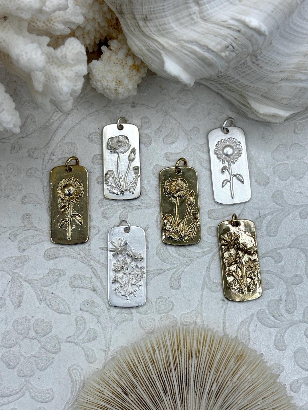 Brass Cartouche Dog Tag Flower Charm, Flower Pendant, Dainty Flower ...