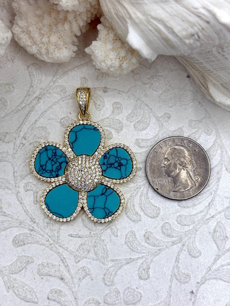 Flower Pendant, Cubic Zirconia, Turquoise Howlite, Mother of Pearl ...
