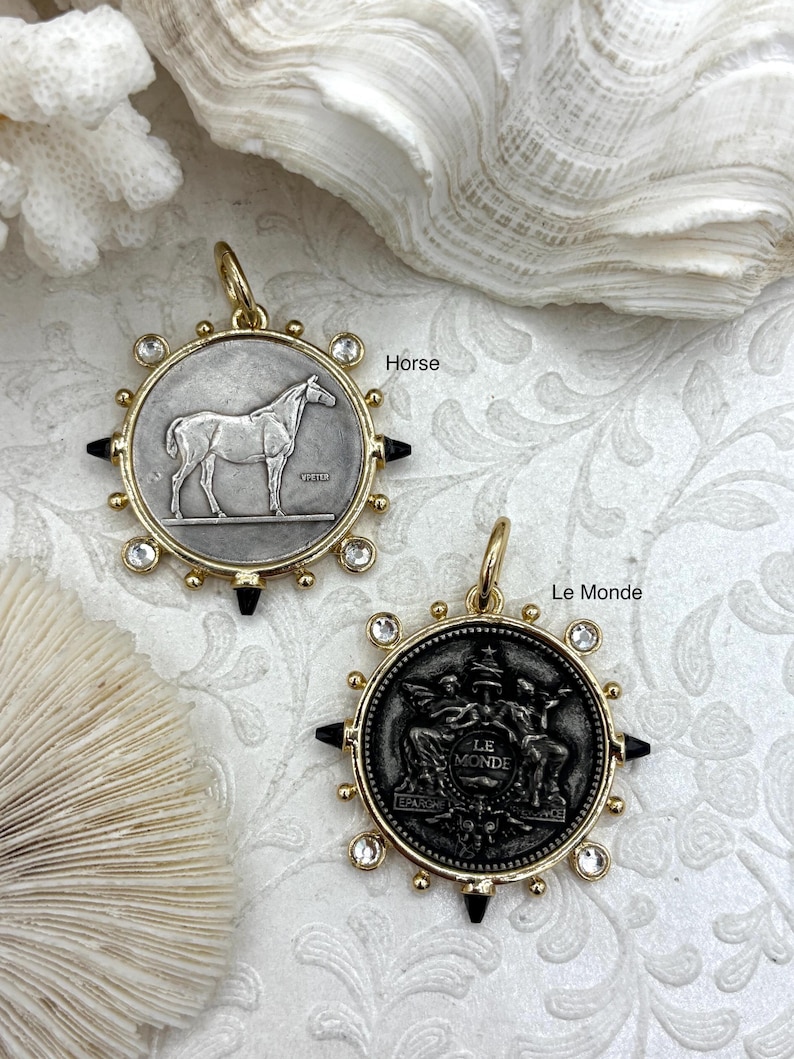 French Coin Pendant, Horse & Le Monde Styles, CZ Accents - Etsy