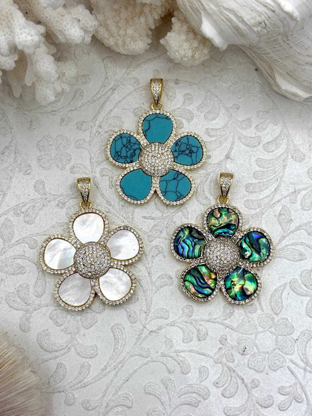 Flower Pendant, Cubic Zirconia, Turquoise Howlite, Mother of Pearl ...