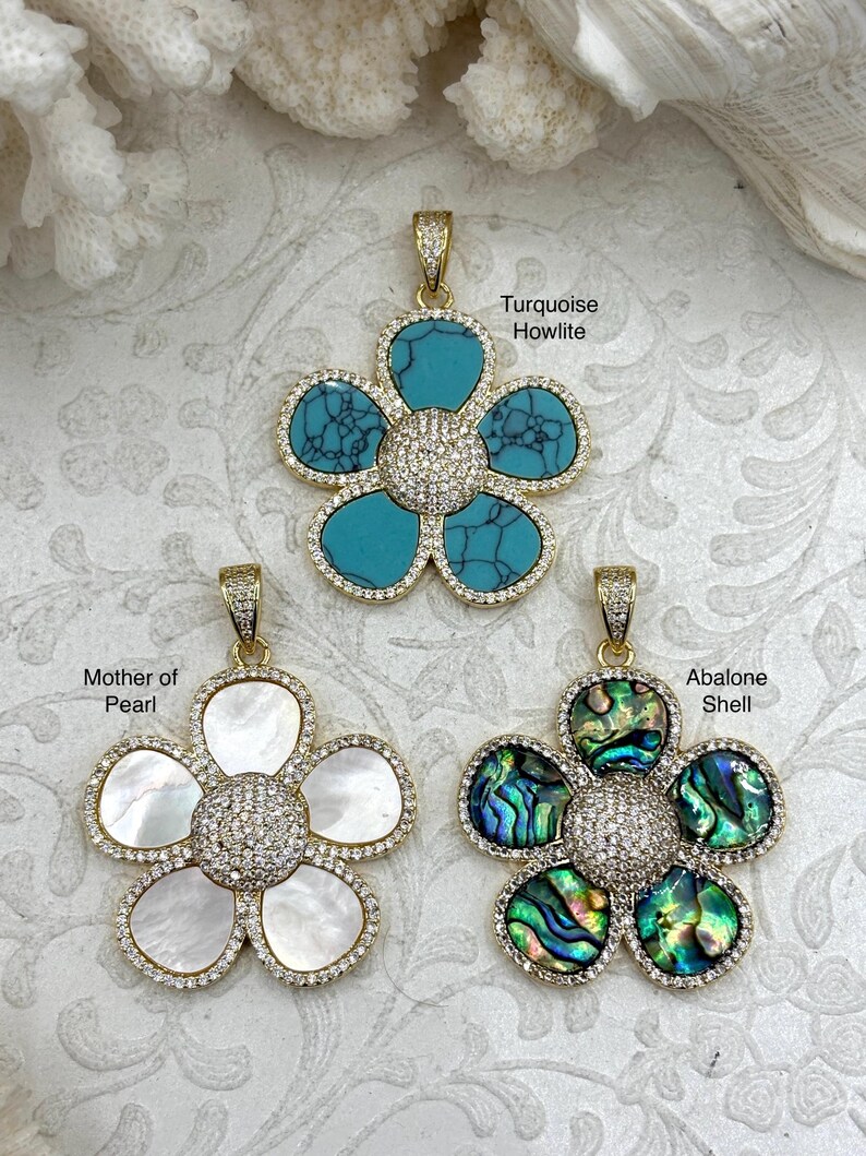 Flower Pendant, Cubic Zirconia, Turquoise Howlite, Mother of Pearl ...