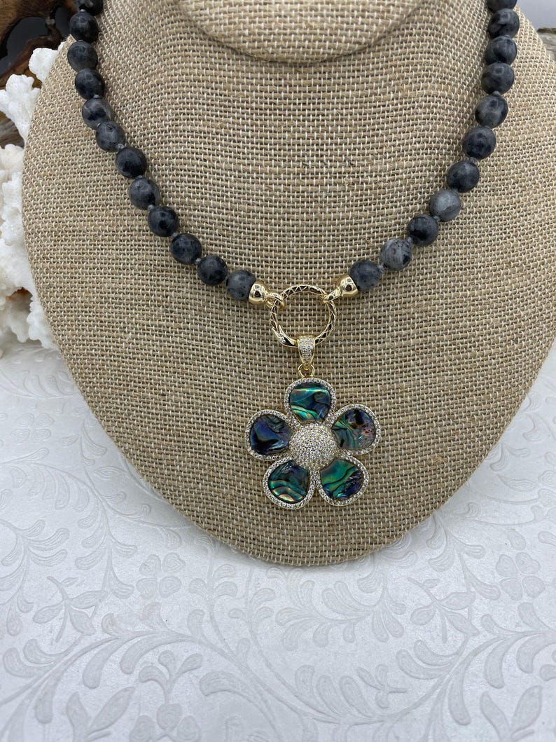 Flower Pendant, Cubic Zirconia, Turquoise Howlite, Mother of Pearl ...
