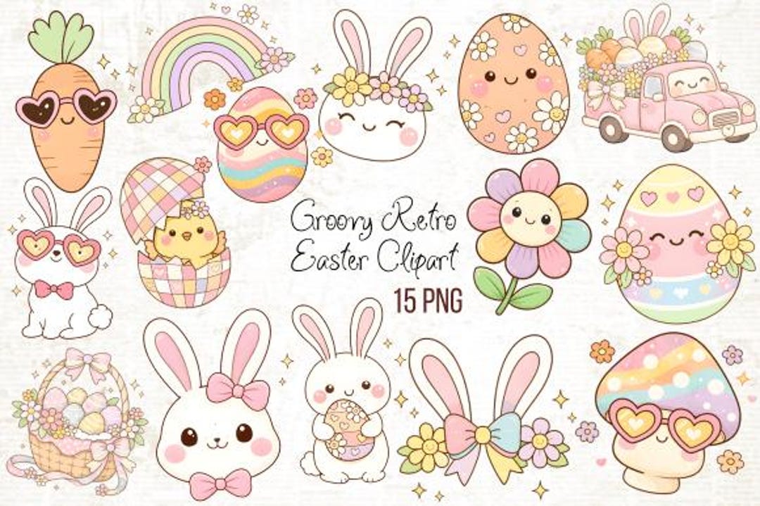 Groovy Retro Easter Clipart PNG Bundle, Vintage 70s Easter Bunny ...