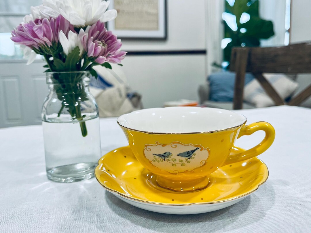 Yellow French Country Tea Cup and Saucer Set / Bluebirds and Polka Dots ...