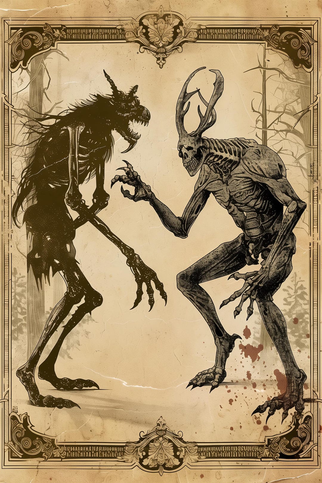 Skinwalker Vs Wendigo Wall Art Cryptid Folklore Illustration - Etsy