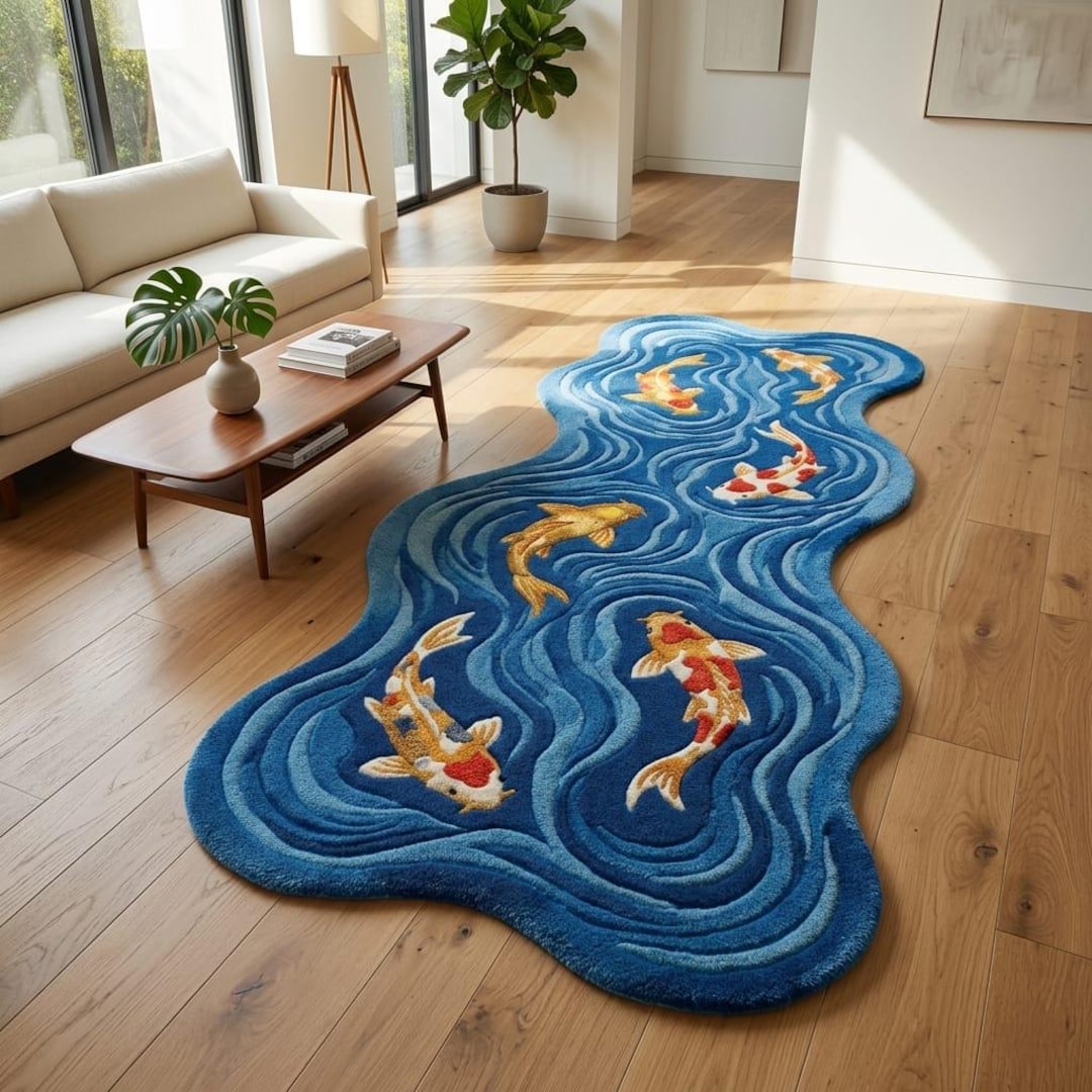 Koi Fish Hand Tufted Rug,blue River Rug,handmade Wool Area Rug ...