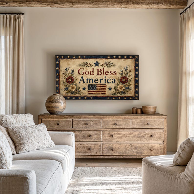 God Bless America Frame TV Art, Patriotic Floral Sign, Samsung TV Decor ...