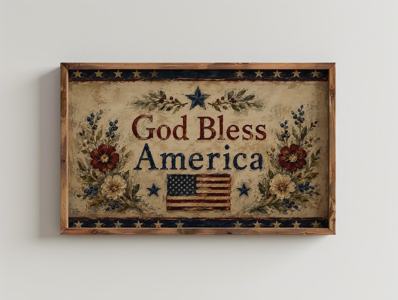 God Bless America Frame TV Art, Patriotic Floral Sign, Samsung TV Decor ...