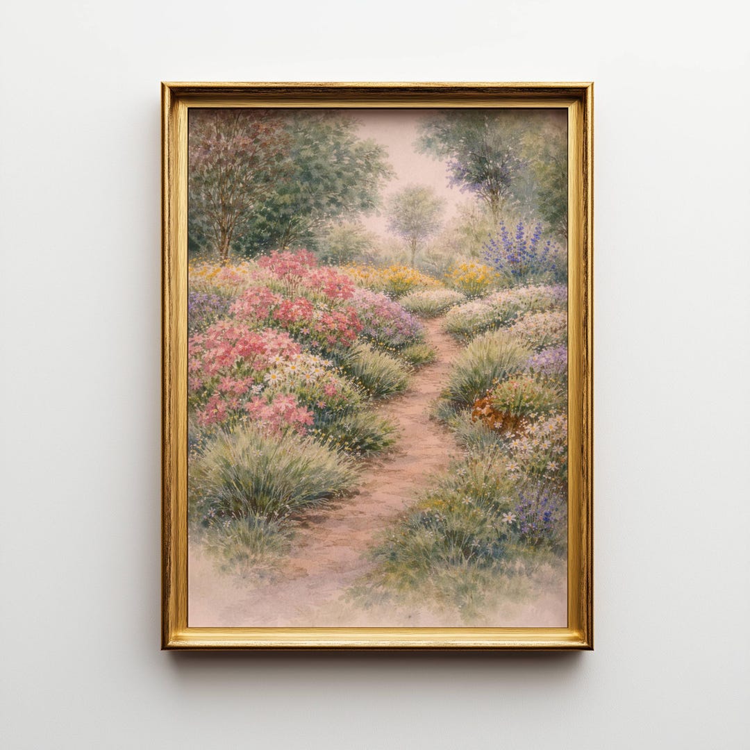 Pastel Garden Path Wall Art Printable, Romantic Floral Landscape ...
