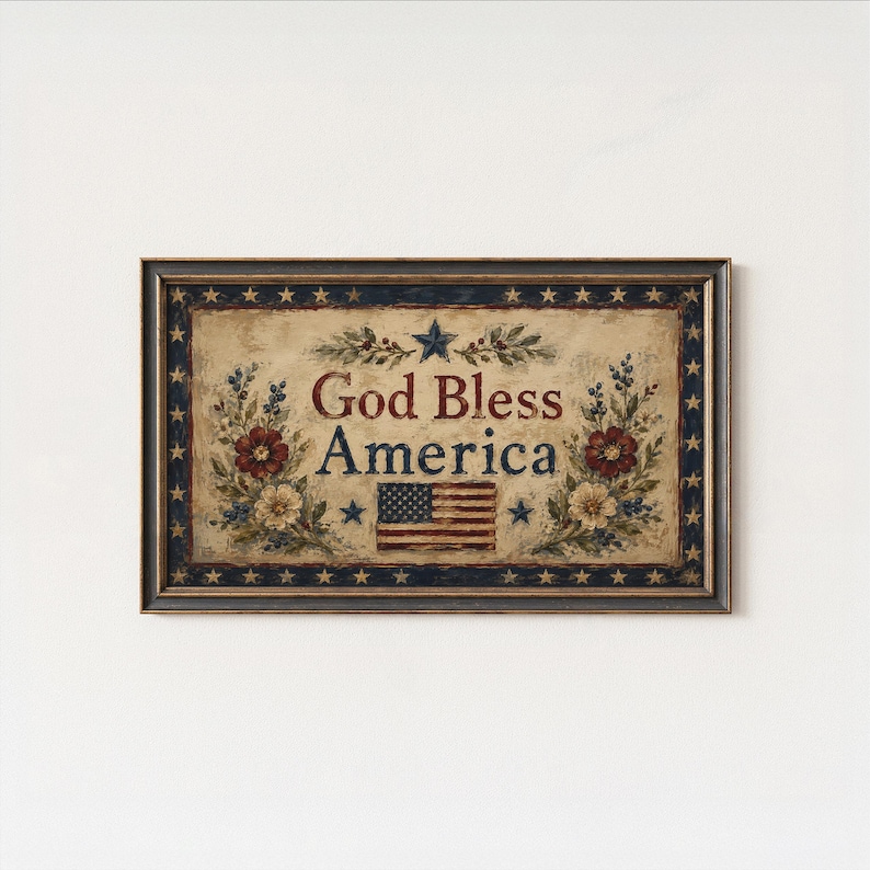 God Bless America Frame TV Art, Patriotic Floral Sign, Samsung TV Decor ...