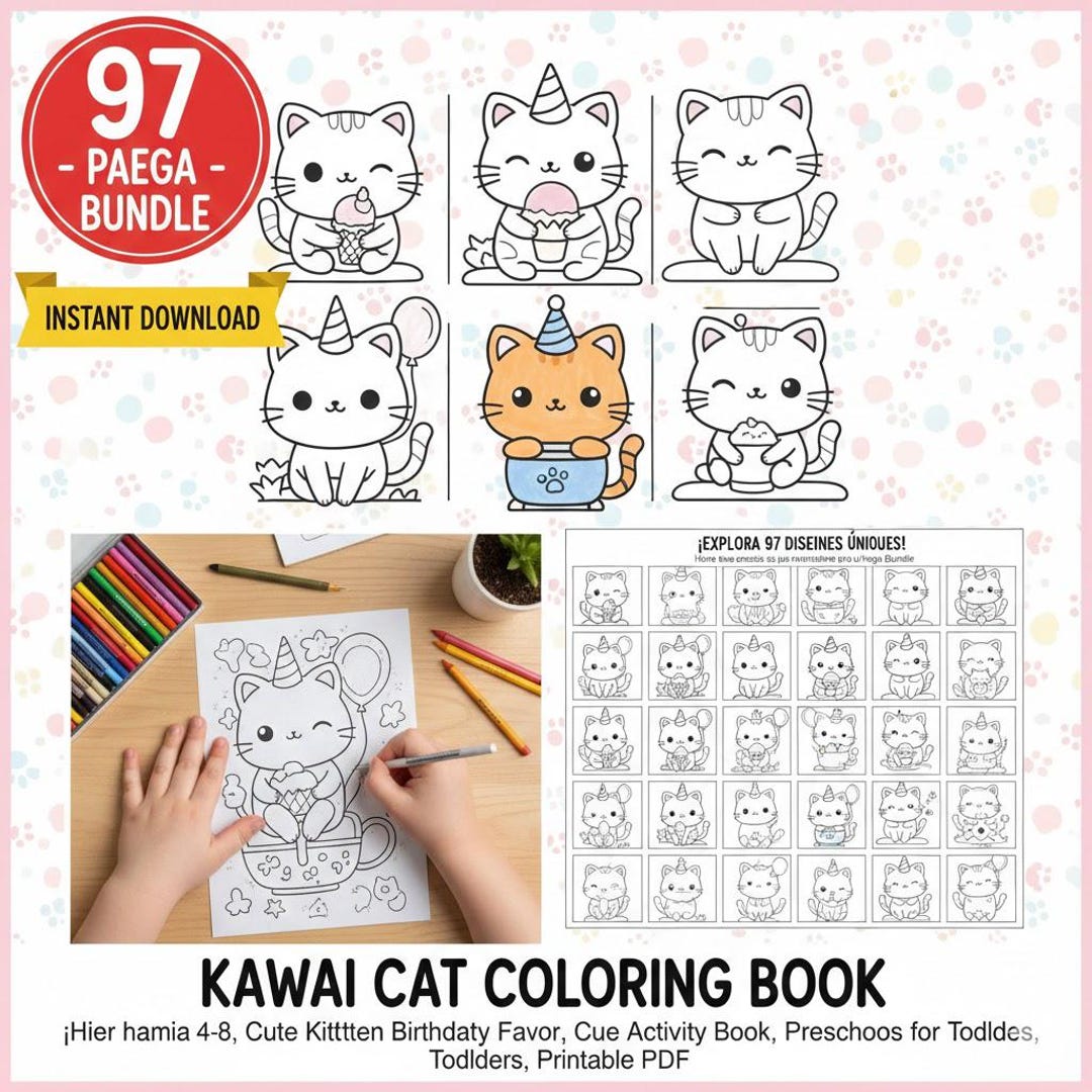 97 Kawaii Cat Coloring Pages for Kids 4-8, Cute Kitten Birthday Party ...