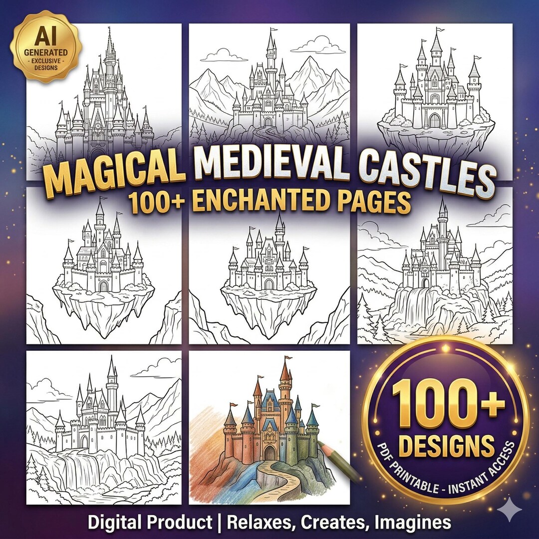 Medieval Castles Coloring Book for Adults, 100+ Magical Enchanted ...