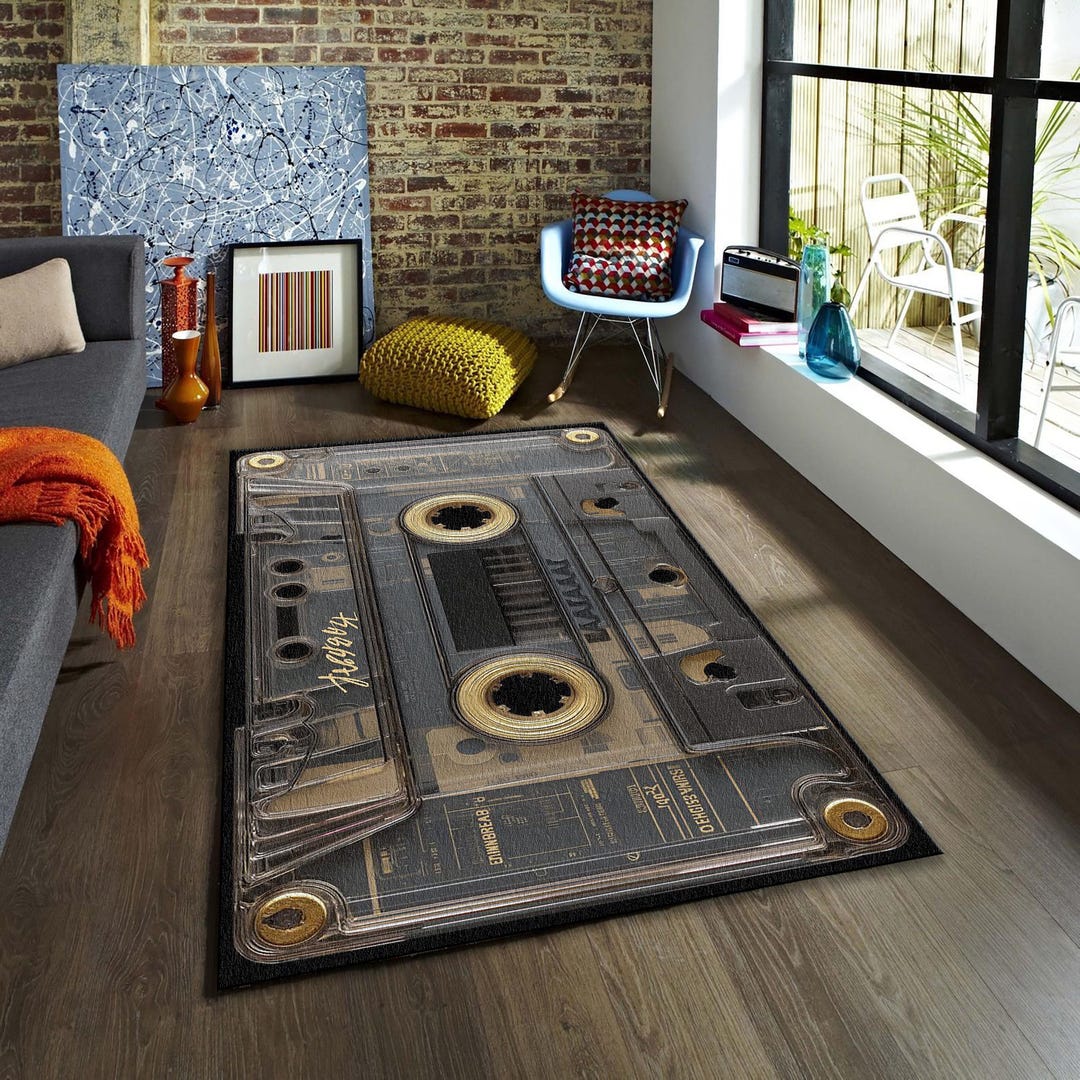 Retro Cassette Tape Rug – Gold & Black Music Room Floor Mat - Etsy