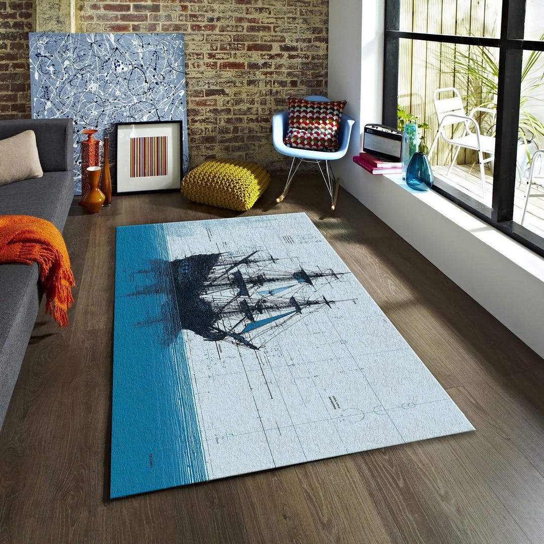 Nautical Ship Blueprint Rug - Vintage Sailing Vessel Sketch, Navy Blue ...
