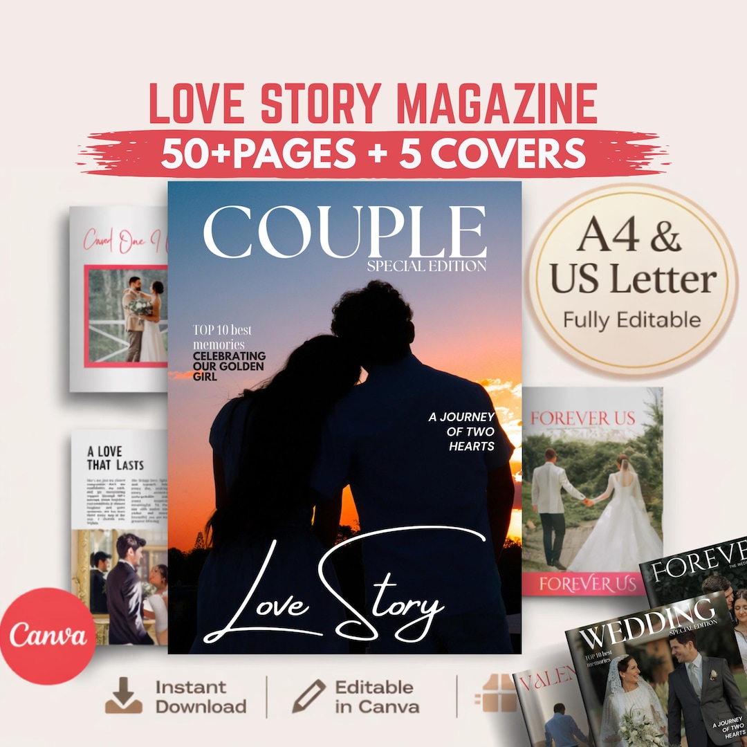 Romantic Couple Magazine Template, Editable Canva Love Story Photobook ...