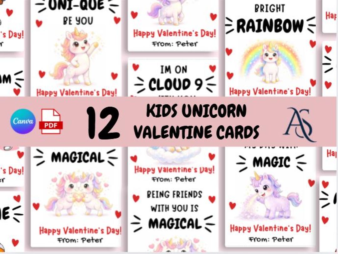 Kids Unicorn Valentine Cards | Printable, Editable Canva Template for ...