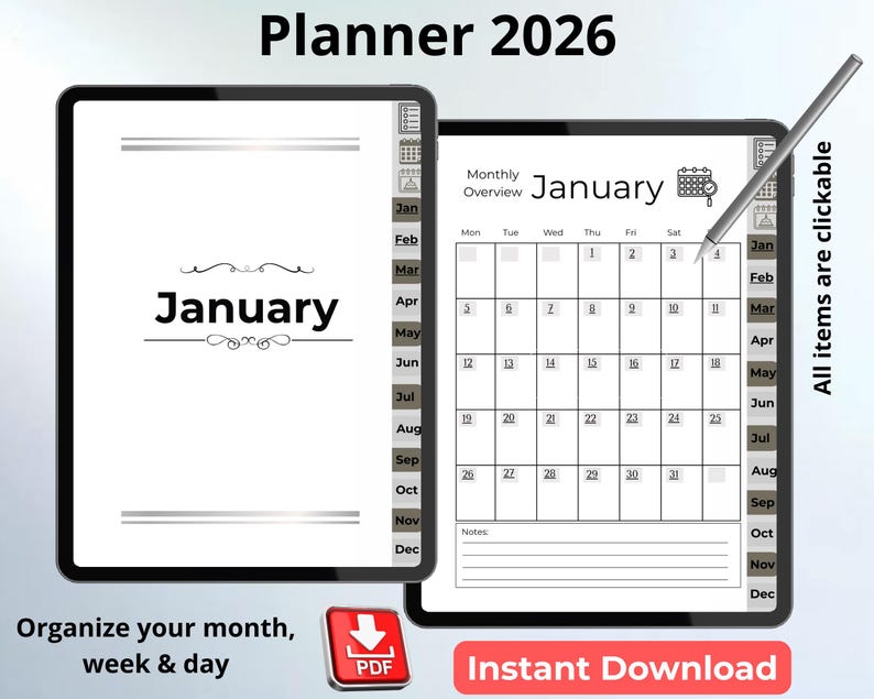 2026 Dated Digital Planner (hyperlinked PDF) - 12-month iPad Planner ...