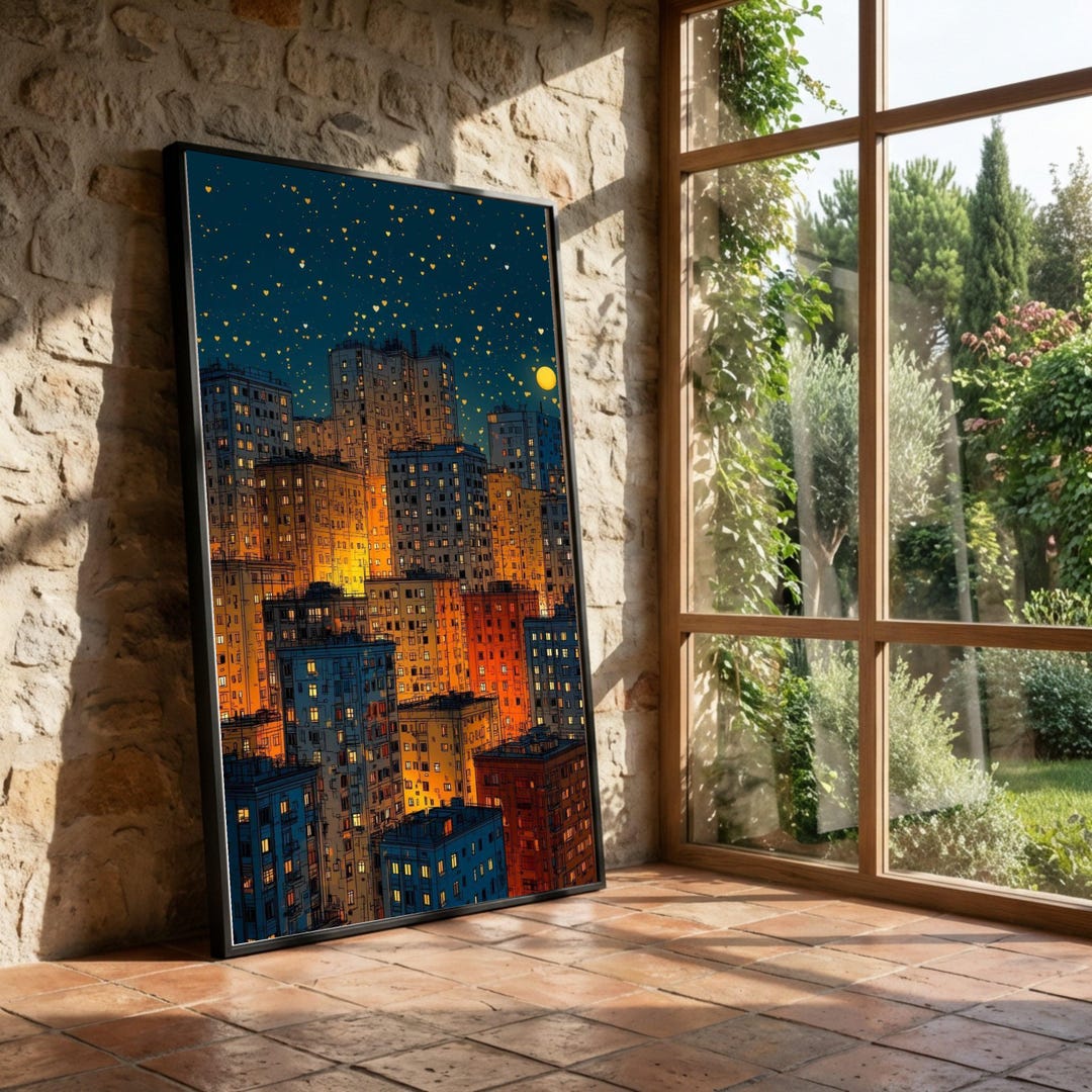 Urban Nightscape Canvas Wall Art, City Buildings Illustration, Glowing ...