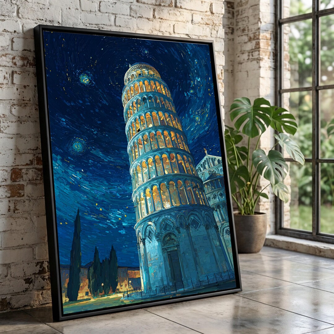 Illuminated Leaning Tower of Pisa Canvas, Starry Night Sky Wall Art ...