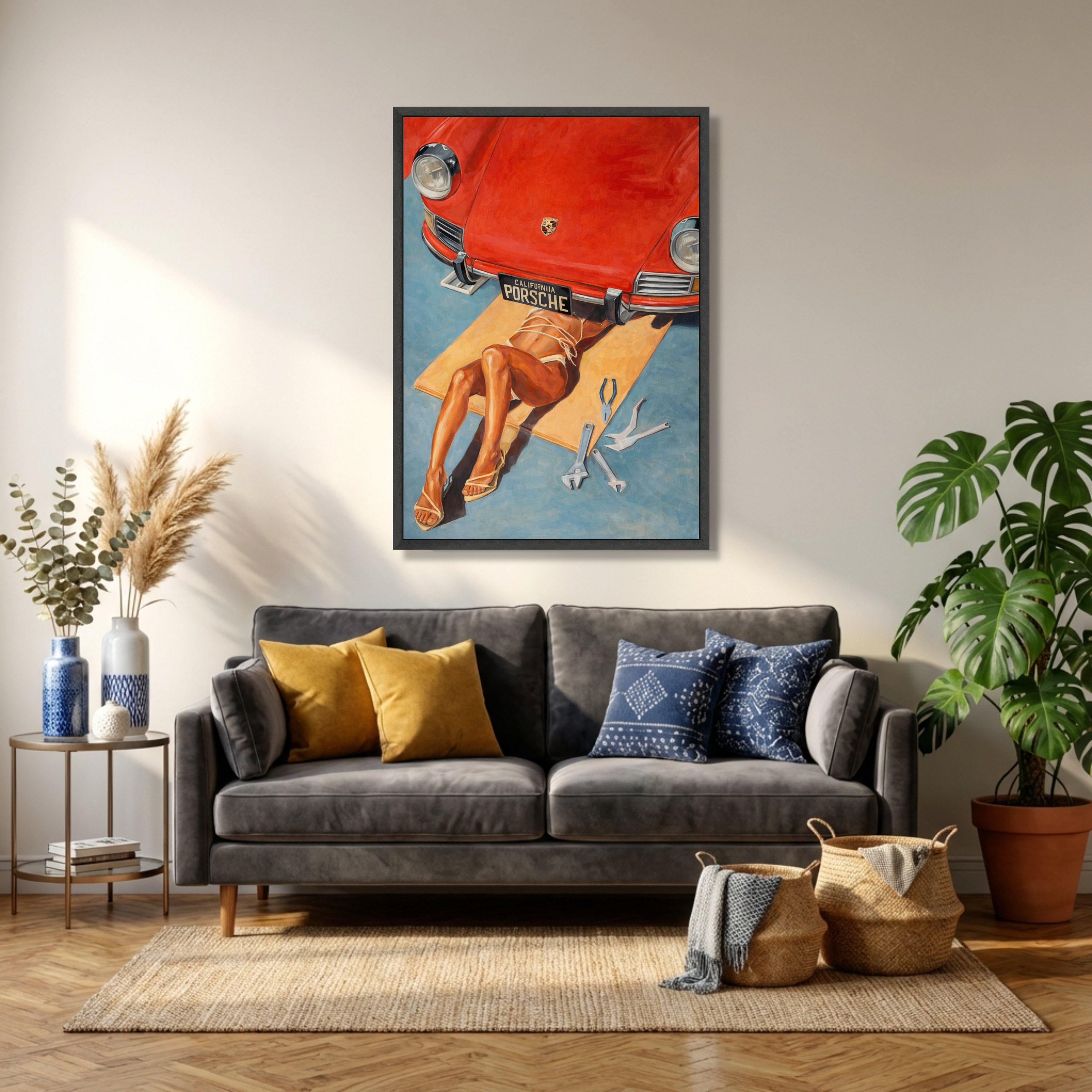 Vintage Red Porsche Car Repair Canvas, Retro Automotive Art, Woman ...