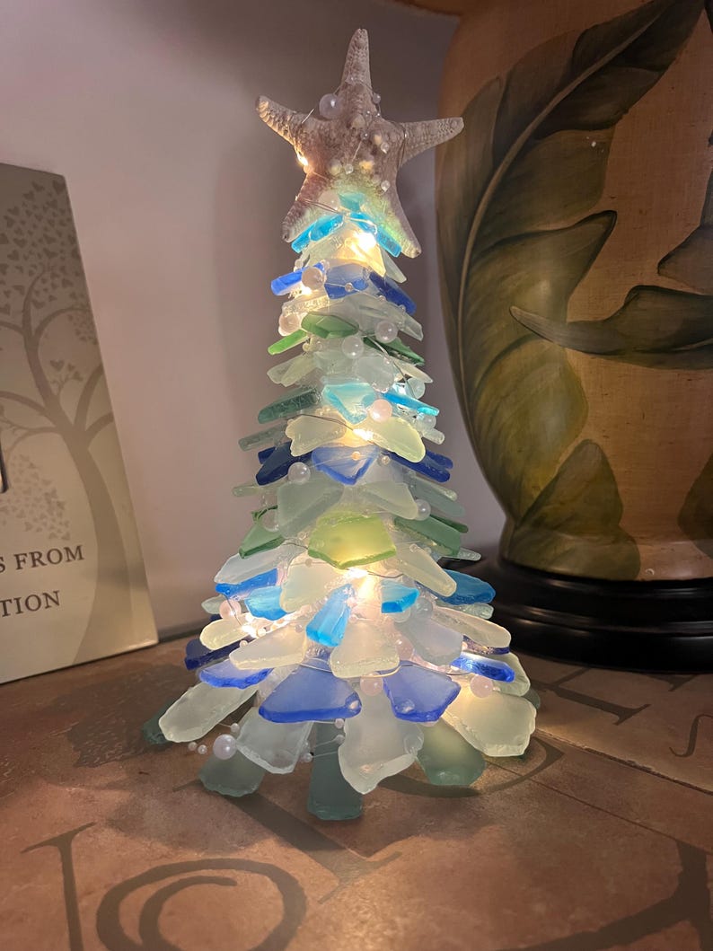 Sea Glass Lighted Christmas Tree - Aqua, Green, Clear 10" - Natural ...