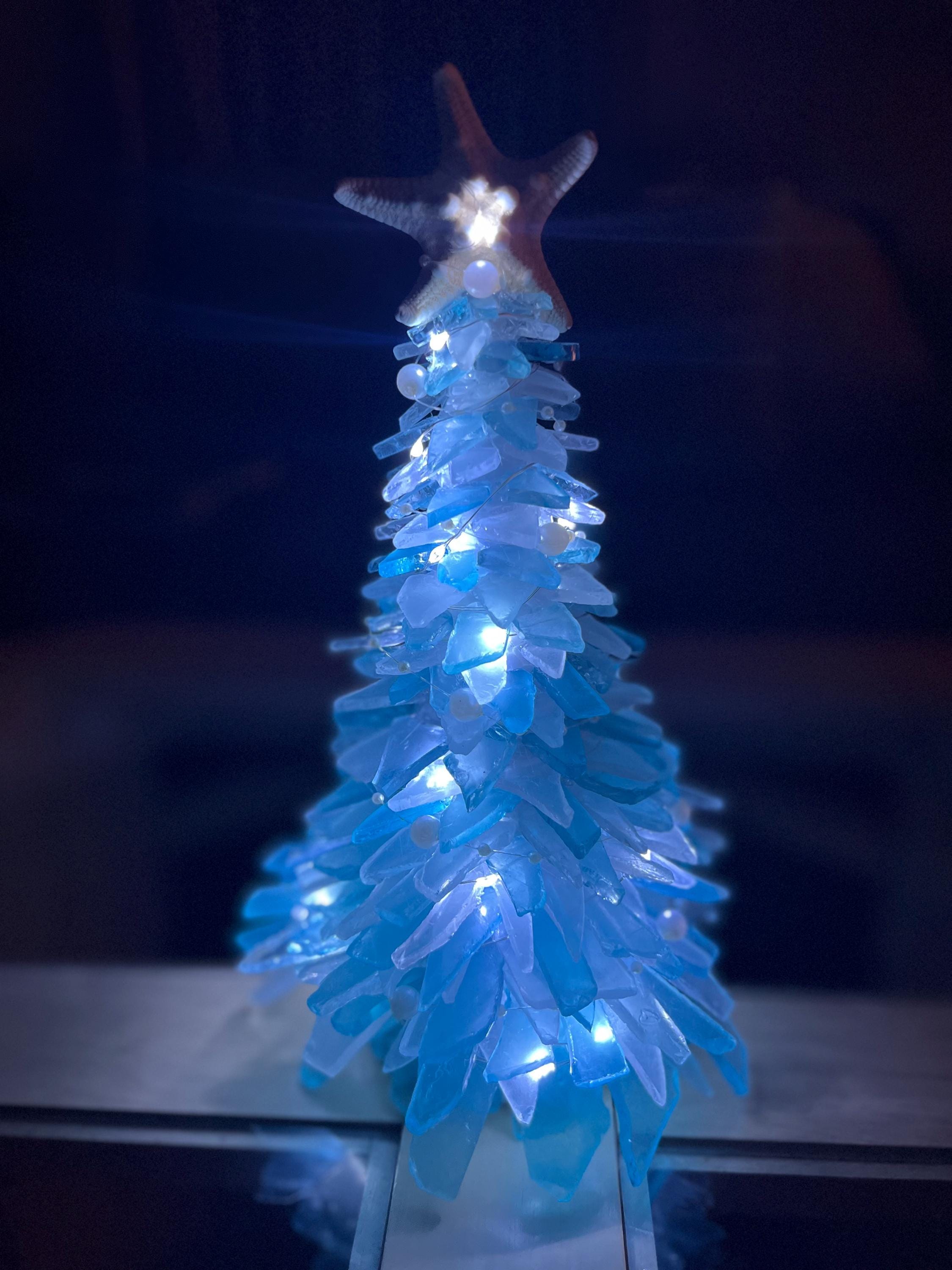 Sea Glass Lighted Christmas Tree - Aqua, Green, Clear 10" - Natural ...