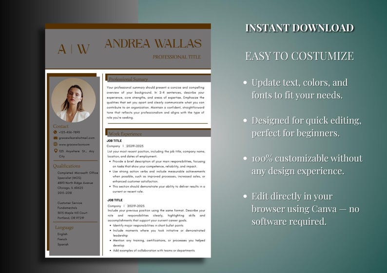 Modern Resume Template, Editable Canva & Word, Cover Letter Included - Etsy