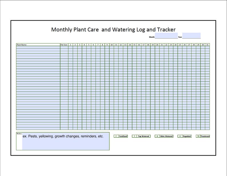 Monthly Plant Care & Watering Tracker | Fillable PDF | Houseplant Log ...