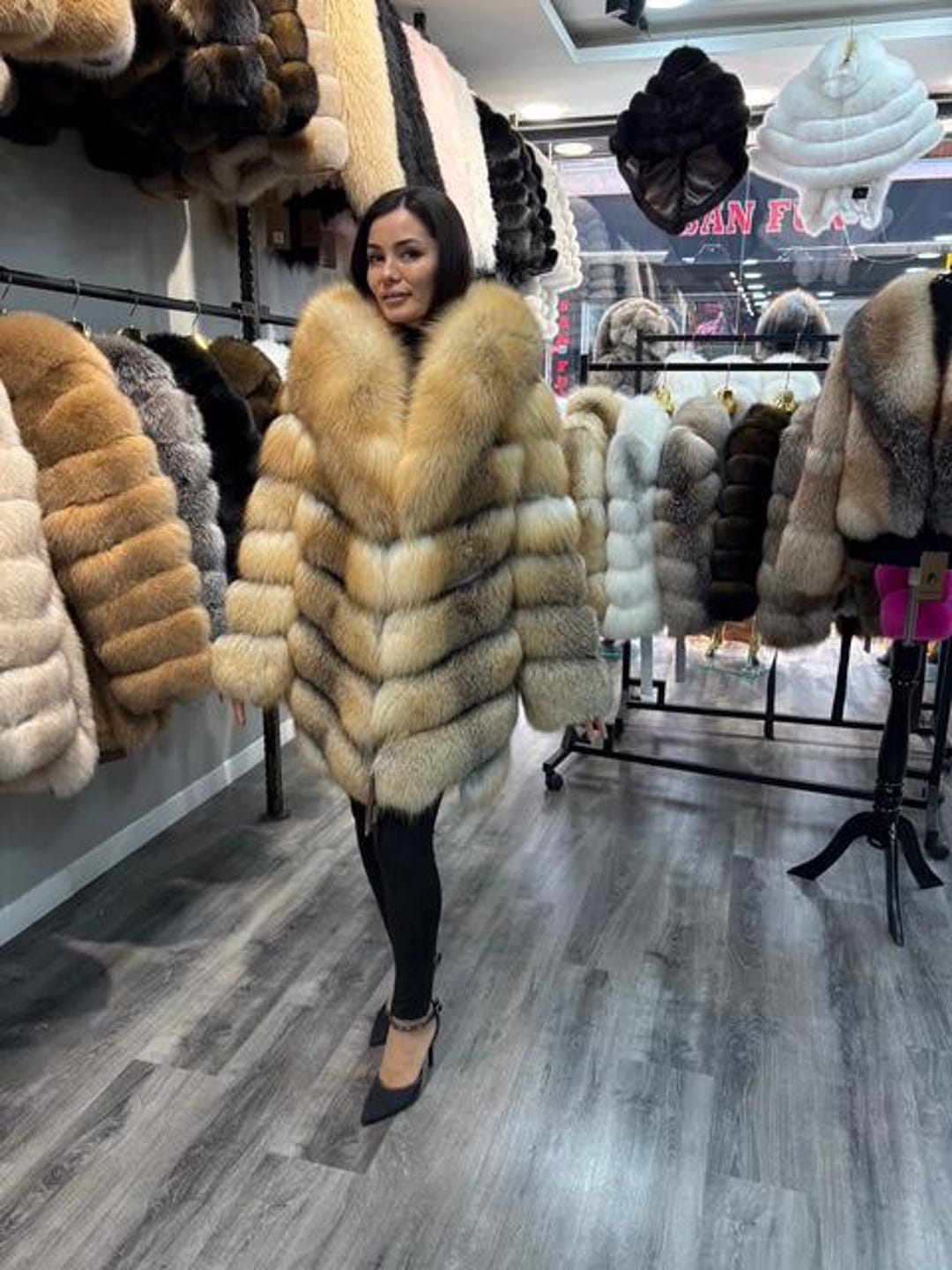 Golden Fox Fur Coat Mid Length, Luxury Real Fox Fur Coat Women, Natural ...