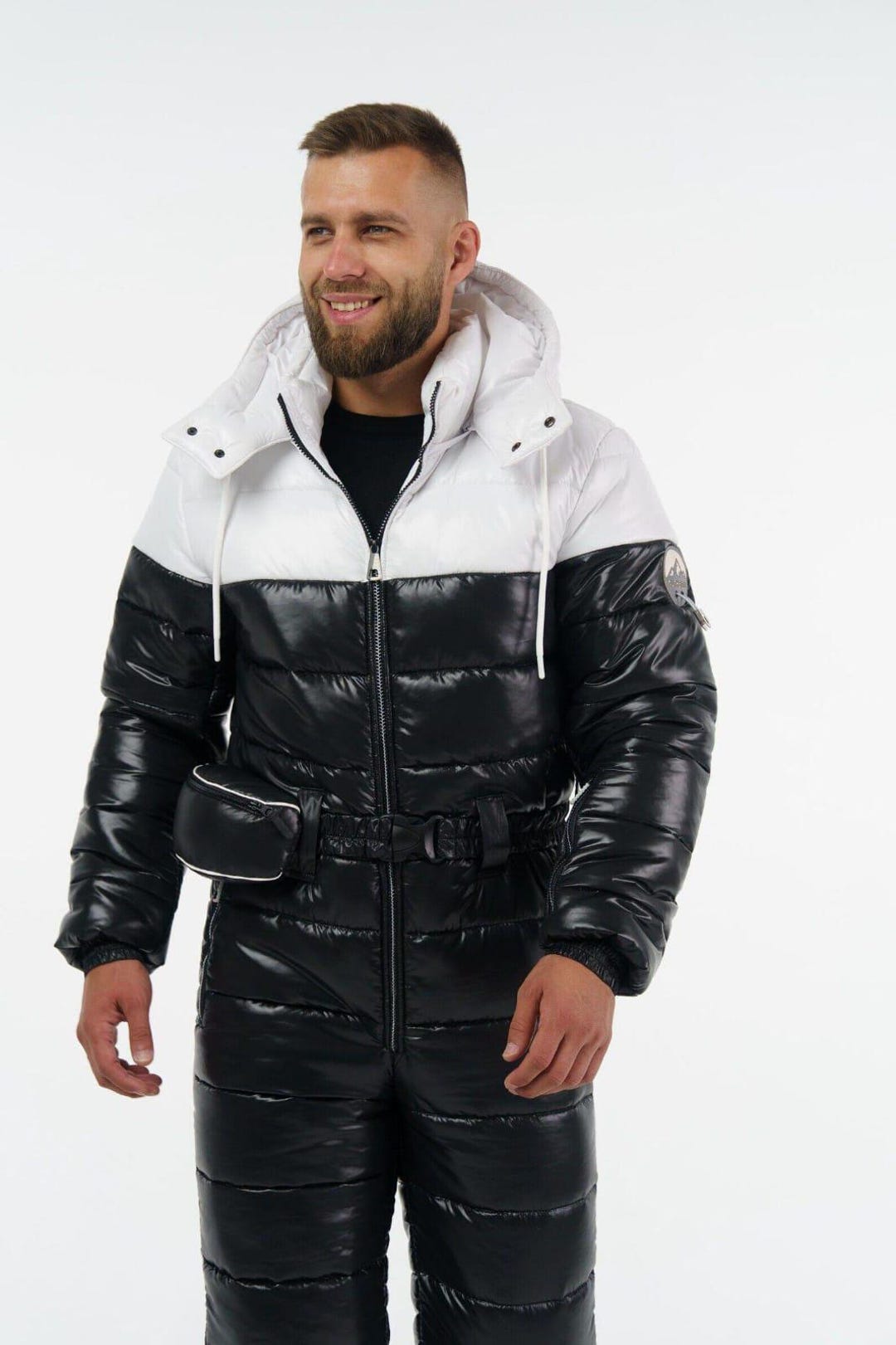 High Gloss Ski Suit Shiny Black & White Waterproof Insulated Snowsuit ...