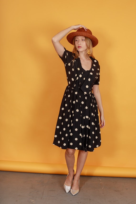 50s Polka Dot Party Dress Vintage Black White Silk Sw Gem