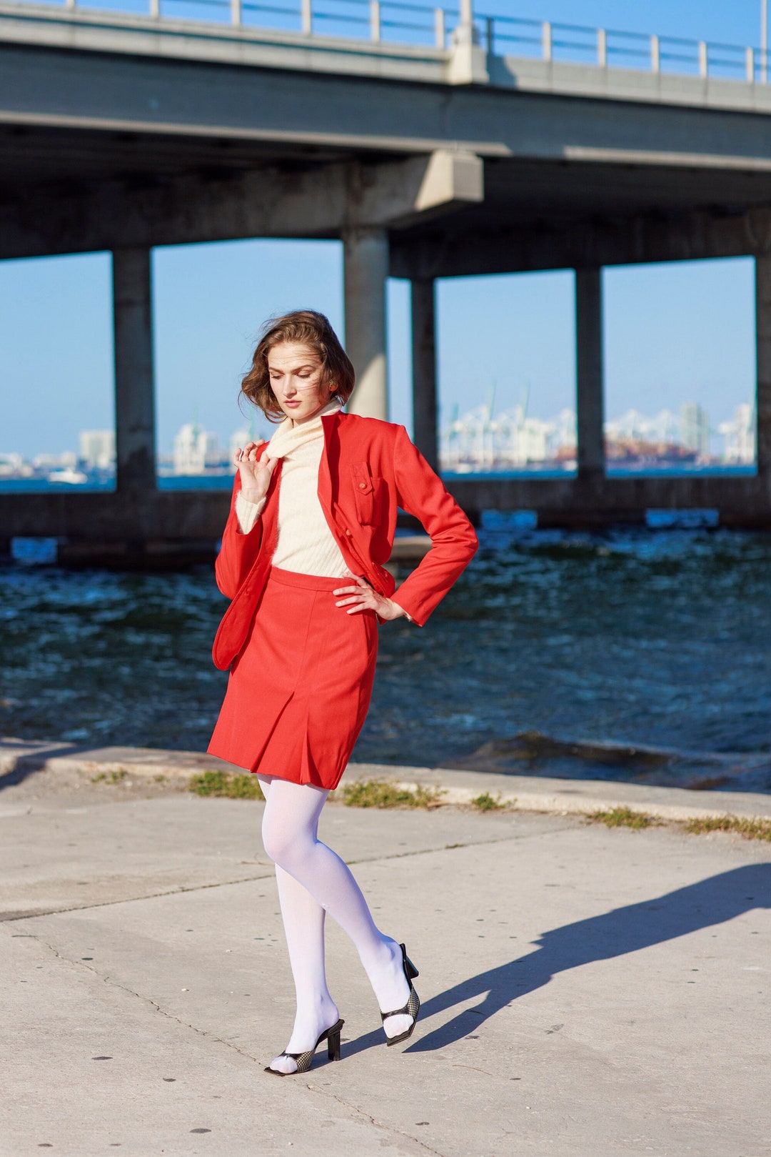 60s Red Long Sleeve Structured Blazer Suit Vintage Mod Skirt Pocket ...