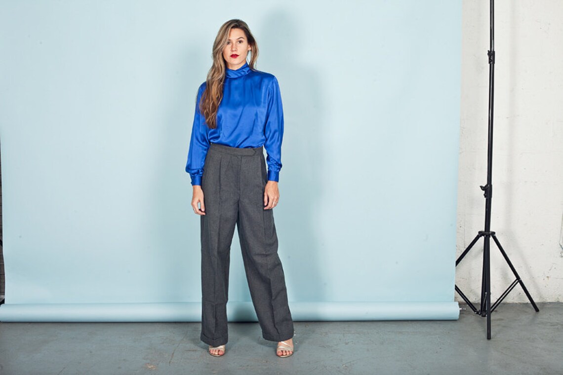 70s Gray Wide Legged Pants Vintage High Rise Knit Trousers - Etsy