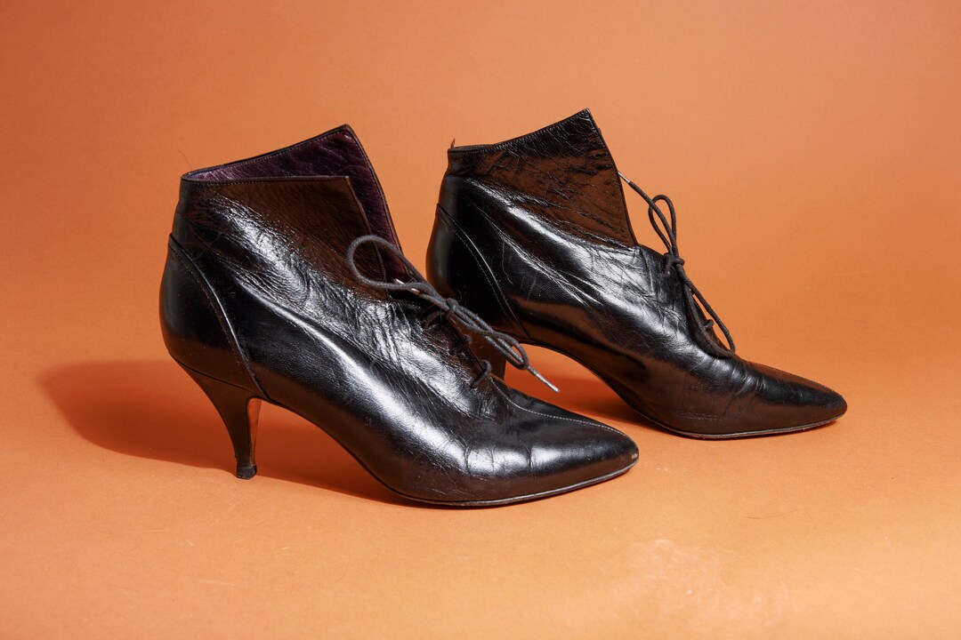 80s Black Soft Leather Witchy Short Boots Vintage Lace up Tie Victorian ...