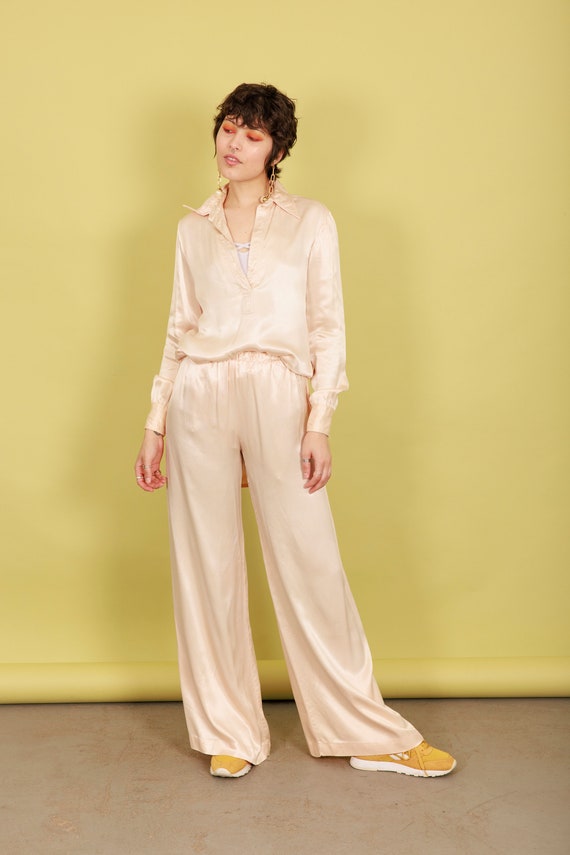 70s Light Pink Satin Tunic Robe Set Vintage Pant Long… - Gem