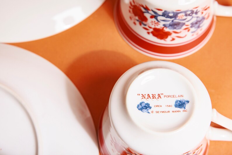 Set of 2 80s Red White Floral Watercolor Mugs With Plates Vintage Nara ...