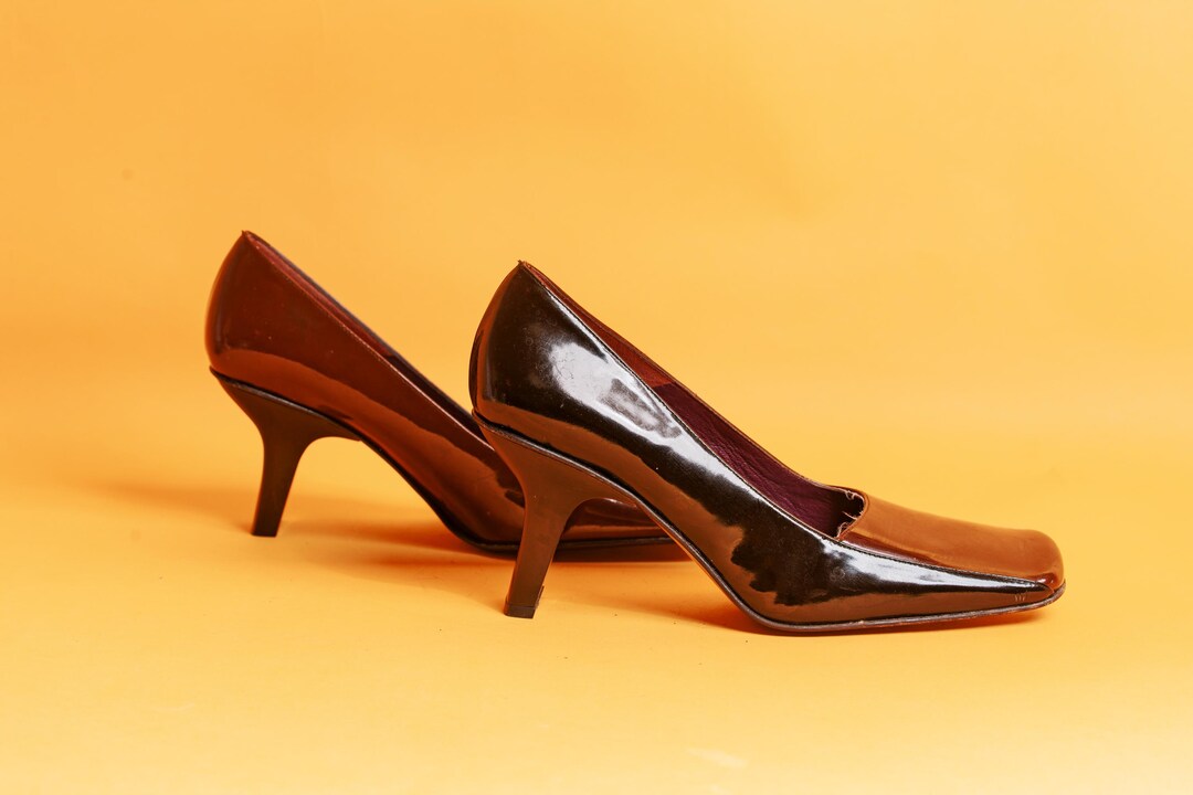 90s Color Block Patent Leather Pumps: Vintage Square Toe Stiletto Heels ...