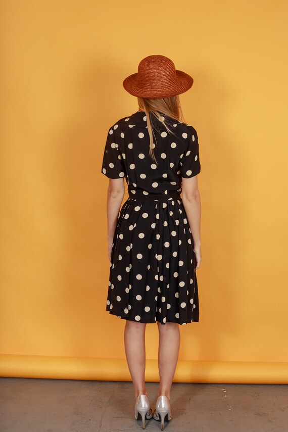 50s Polka Dot Party Dress Vintage Black White Silk Sw… - Gem
