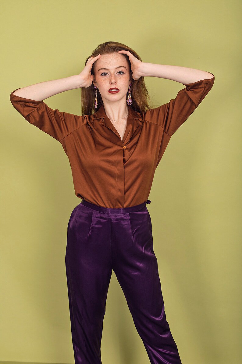 80s Deep Shiny Brown Top Vintage Long Sleeve Classic Blouse - Etsy