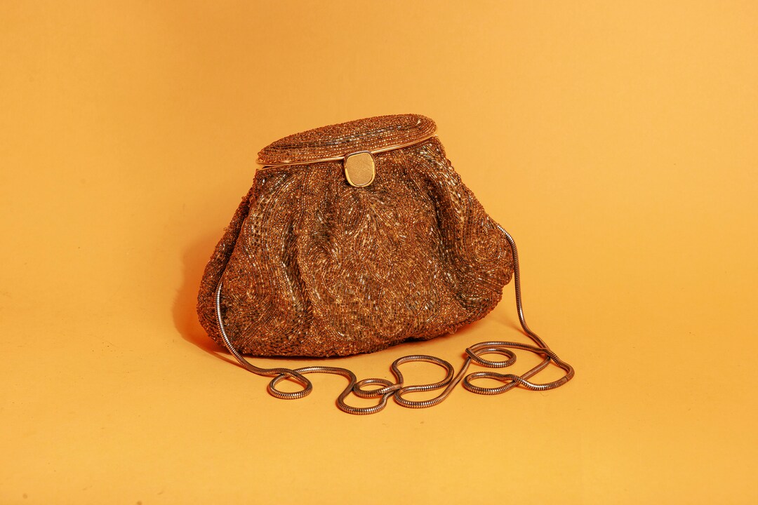 70s Gold Evening Beaded Clam Shell Purse Vintage Bead Bronze Shoulder ...