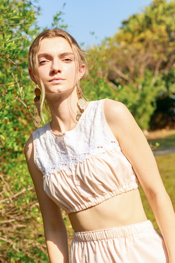 70s Peach Lace Embroidered Matching Set Vintage Sprin… - Gem